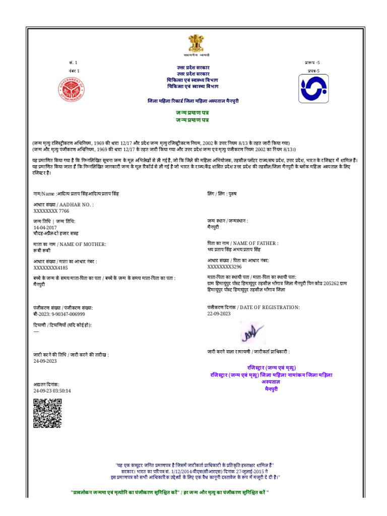 Aditya Birth Certificate | PDF