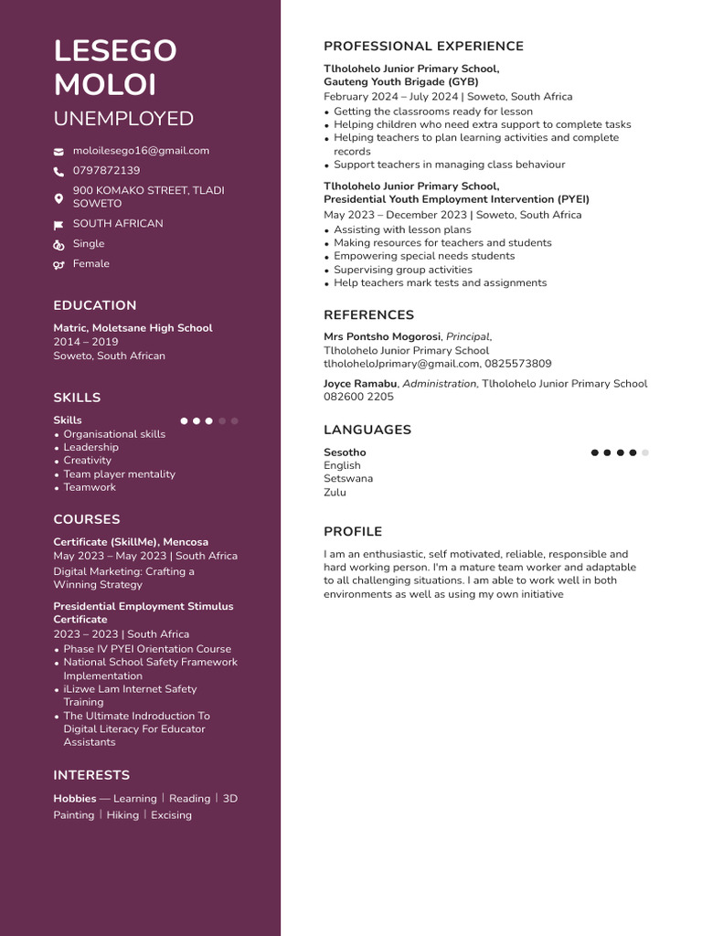 Lesego Moloi Flowcv Resume 20240805 | PDF | Teachers | Learning