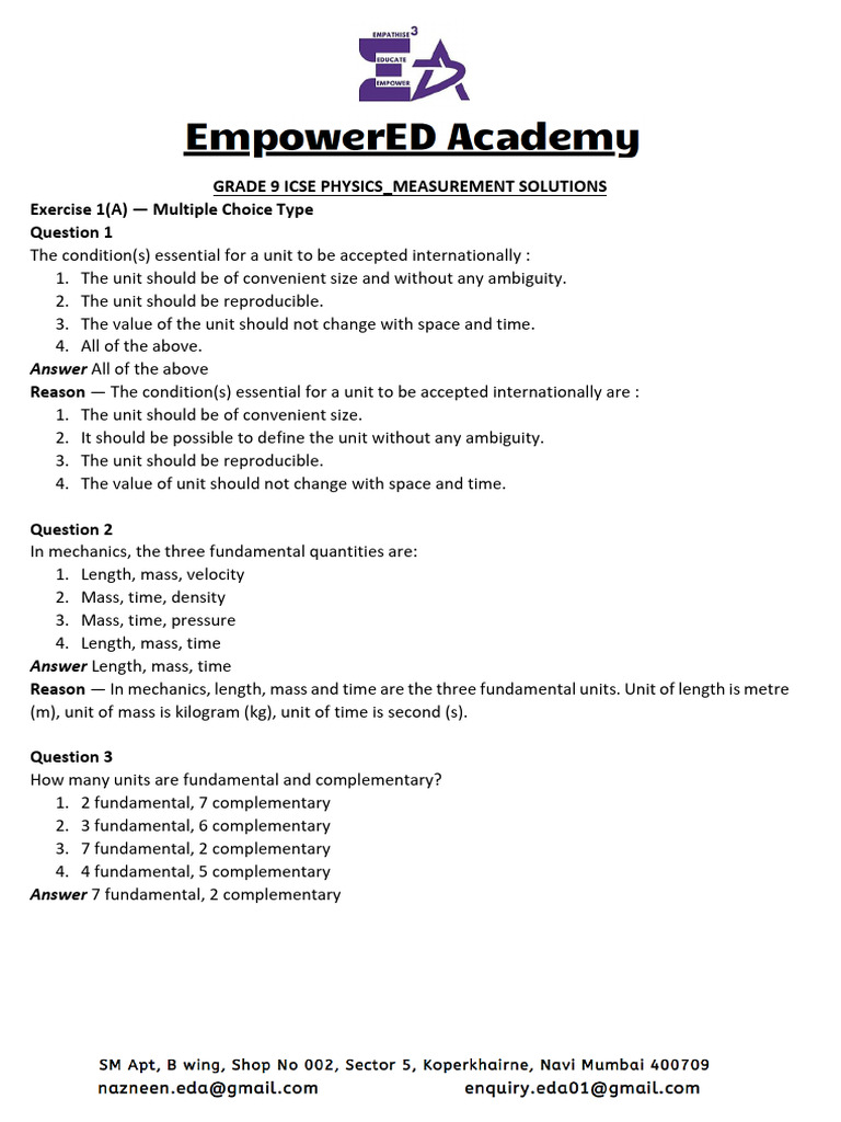 Grade 9 ICSE Physics Measurement Solutions | PDF | International System ...