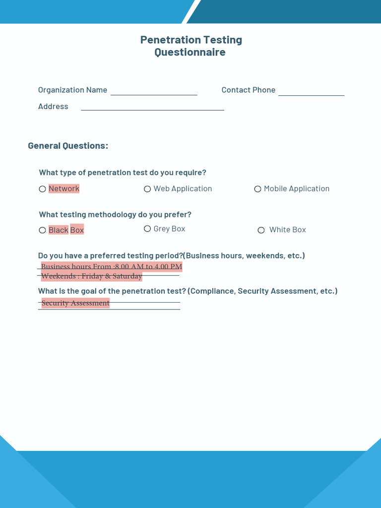 Questionnaire Penetration Testing | PDF | Computer Network | Mobile App