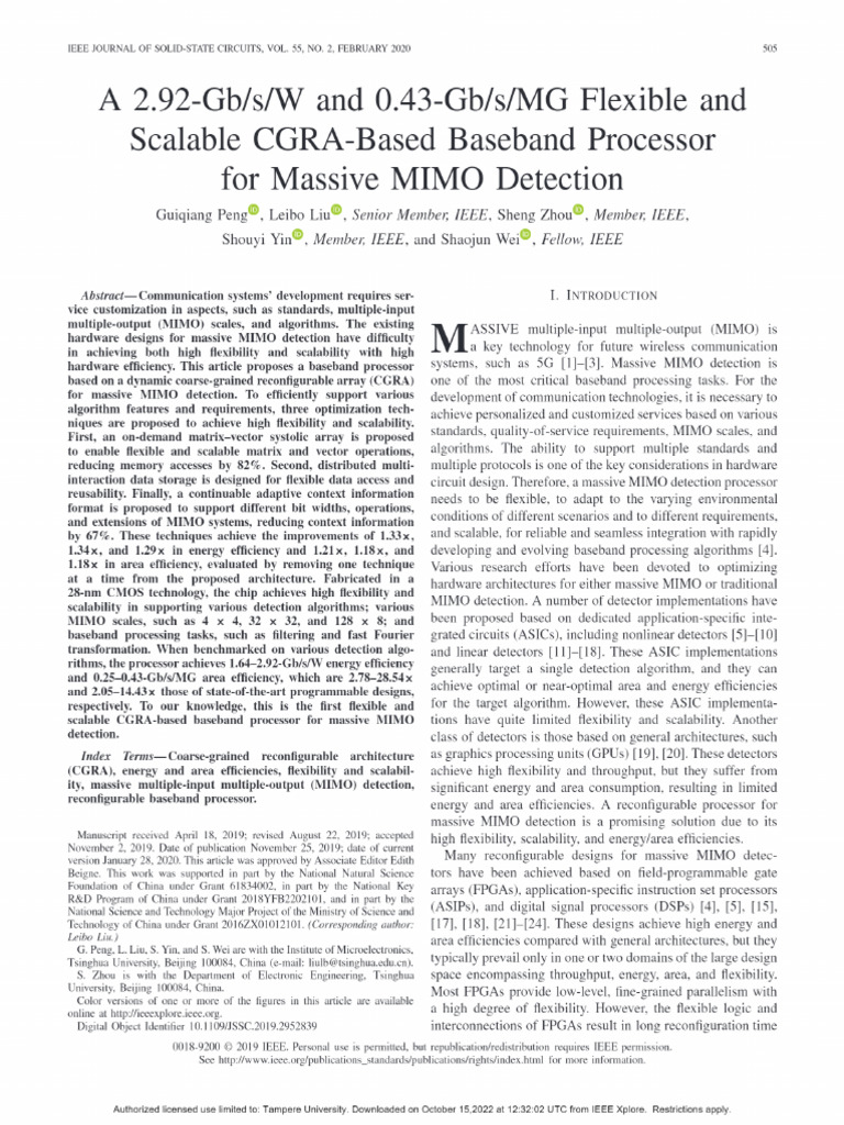 2020 2.92G A Flexible and Scalable CGRA-Based Baseband Processor For Massive MIMO Detection | PDF