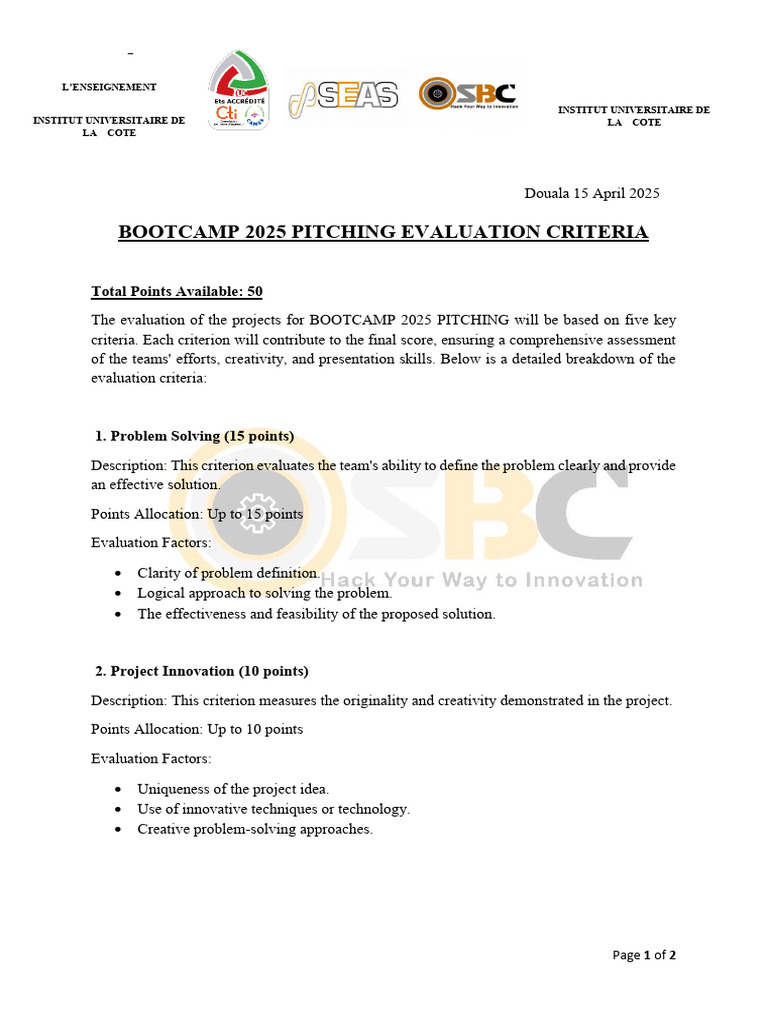 Bootcamp 2025 Pitch Evaluation Criteria | PDF | Evaluation | Creativity