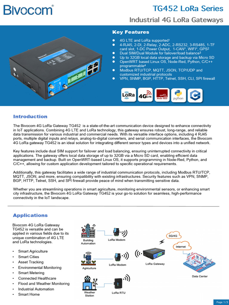 Bivocom TG452 4G LoRa Gateway Overview | PDF | Wi Fi | Internet ...