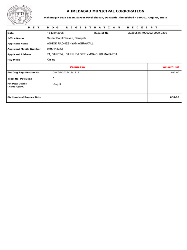 Online Dog Registration Receipt - Ahmedabad | PDF