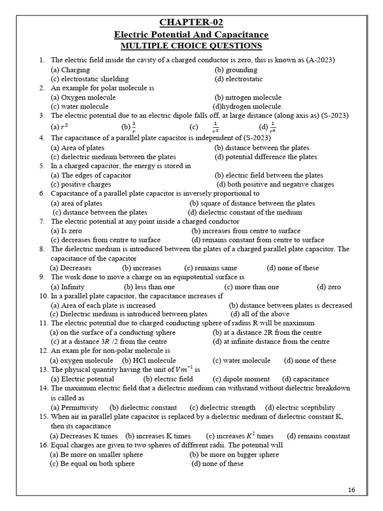 Electric Potential & Capacitance MCQs | PDF | Capacitance | Capacitor