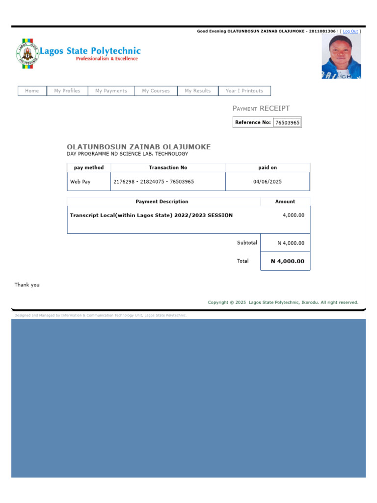 LASPOTECH Transcript Payment Receipt | PDF