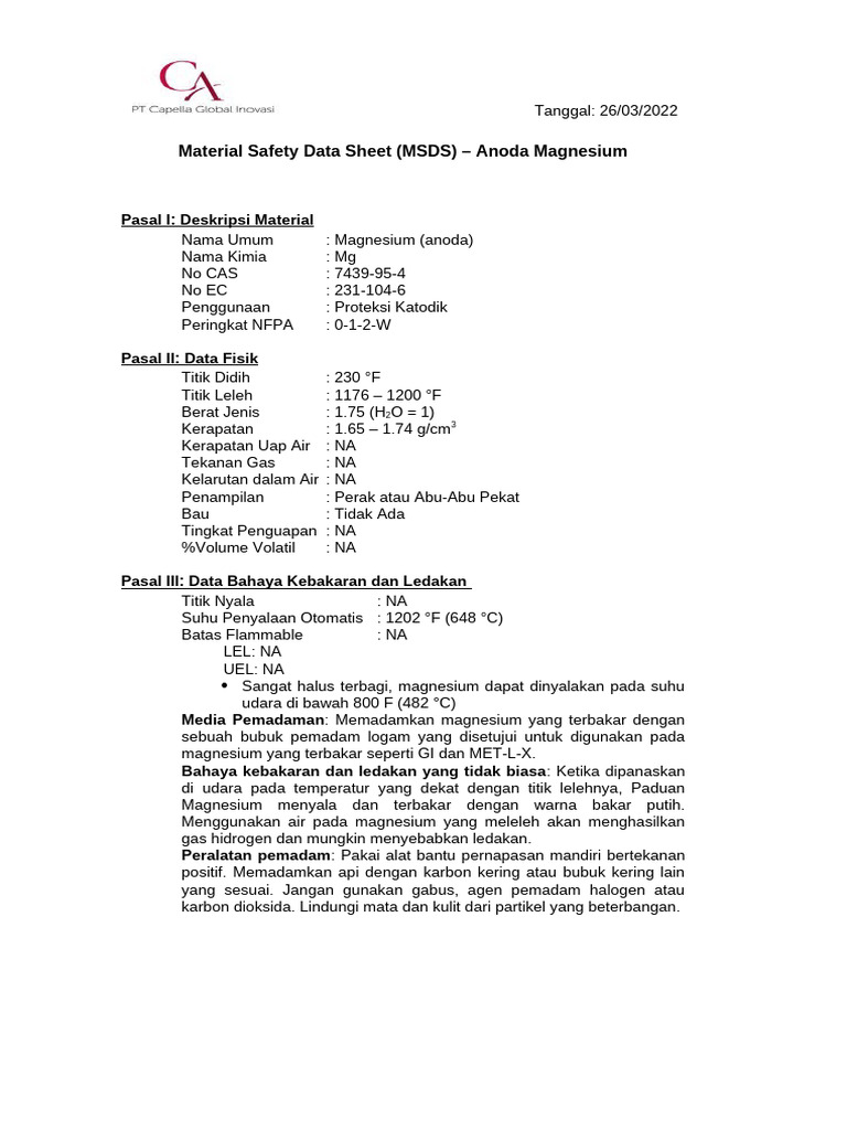 Capella MSDS Magnesium Anode | PDF