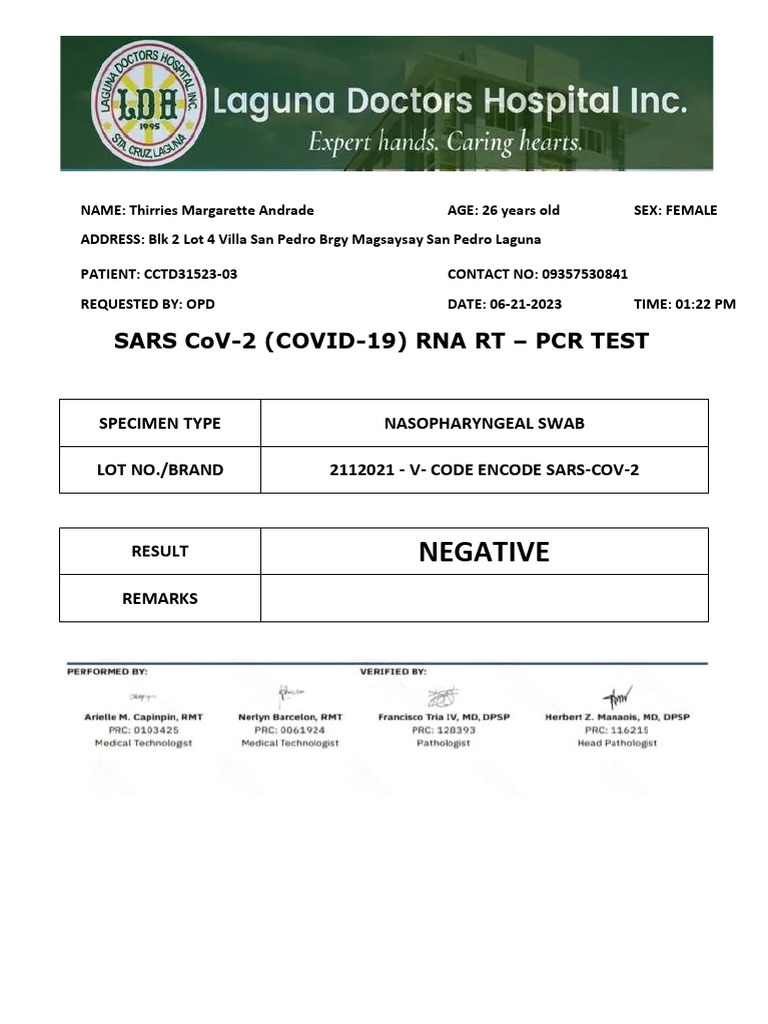 COVID-19 RT-PCR Test Result: Negative | PDF