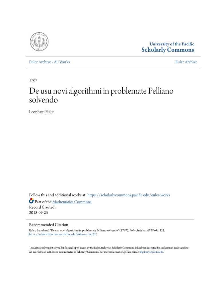 De Usu Novi Algorithmi in Problemate Pelliano Solvendo | PDF