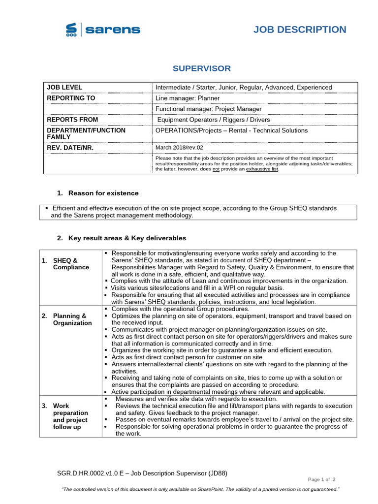 Job Description Supervisor | PDF | Business