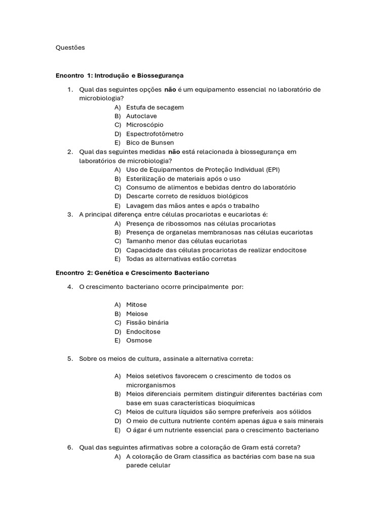 Lista de Exercicios Da Disciplina | PDF | Bactérias | Célula (Biologia)