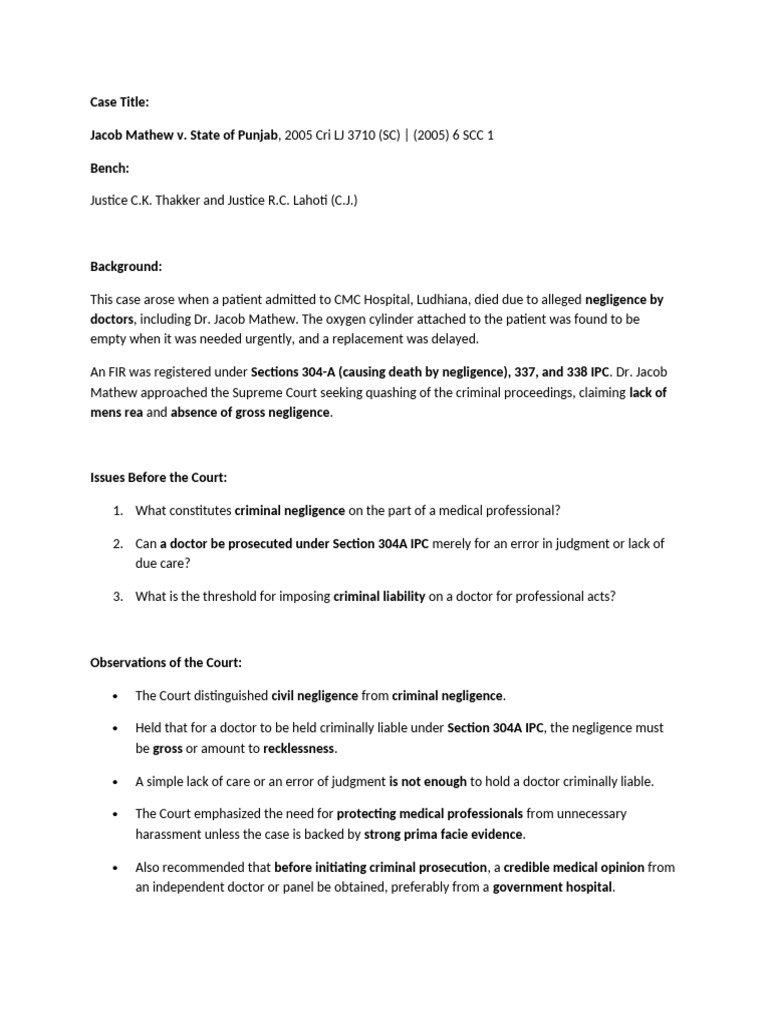 Jacob Mathew v. State of Punjab IPC | PDF | Negligence | Legal Liability
