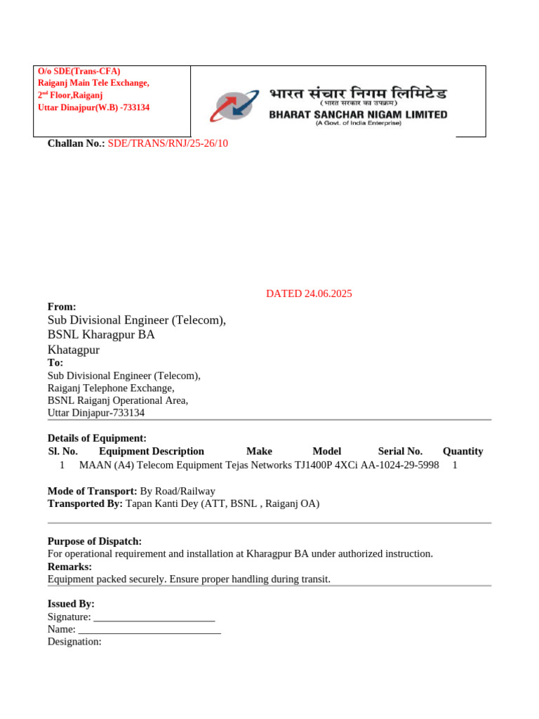 Equipment Dispatch for Tejas Networks | PDF