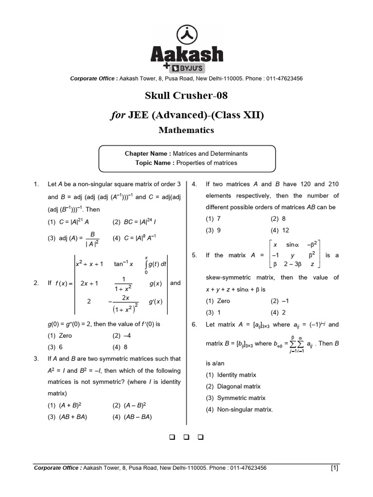 Skull Crusher 08 Class XII Matrices & Determinant JEE (Adv) Mathematics | PDF | Matrix ...