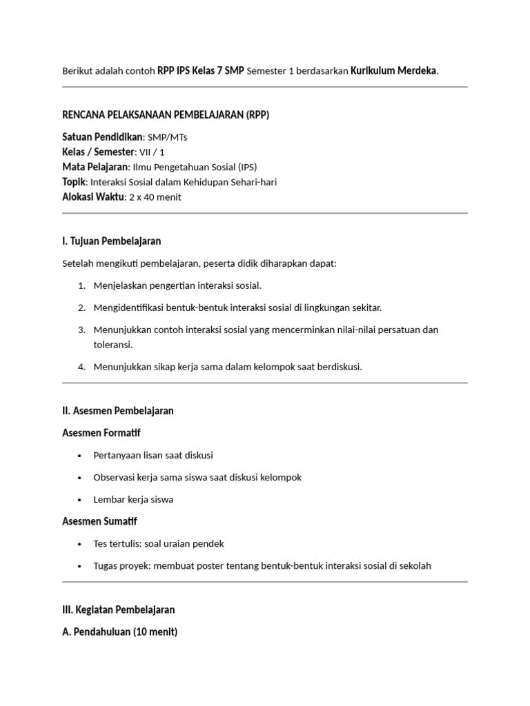 Berikut Adalah Contoh RPP IPS Kelas 7 SMP Semester 1 Berdasarkan ...