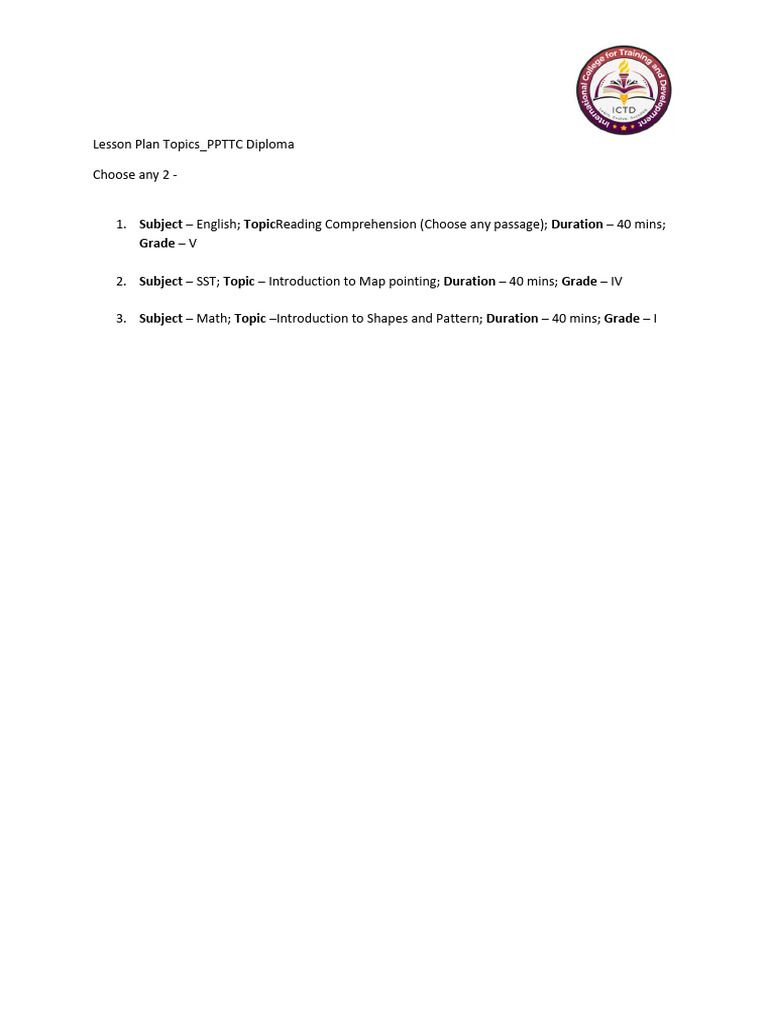 Lesson Plan Topic - PPTTC Diploma | PDF
