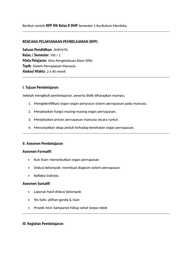 Berikut Contoh RPP IPA Kelas 8 SMP Semester 1 Kurikulum Merdeka | PDF