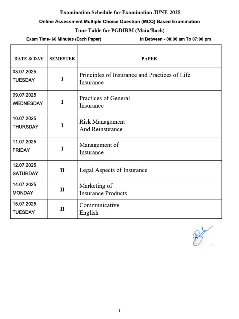 June 2025 Examination Schedule MCQ | PDF | Multiple Choice | Academic Term