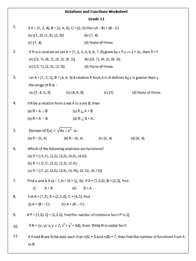 Relations and Functions Worksheet-11 | PDF