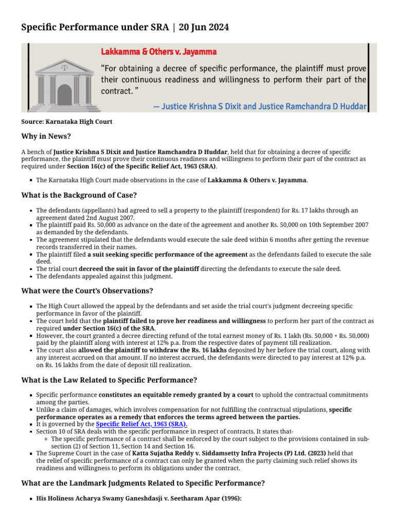 Specific Relief Act | PDF | Legal Remedy | Specific Performance