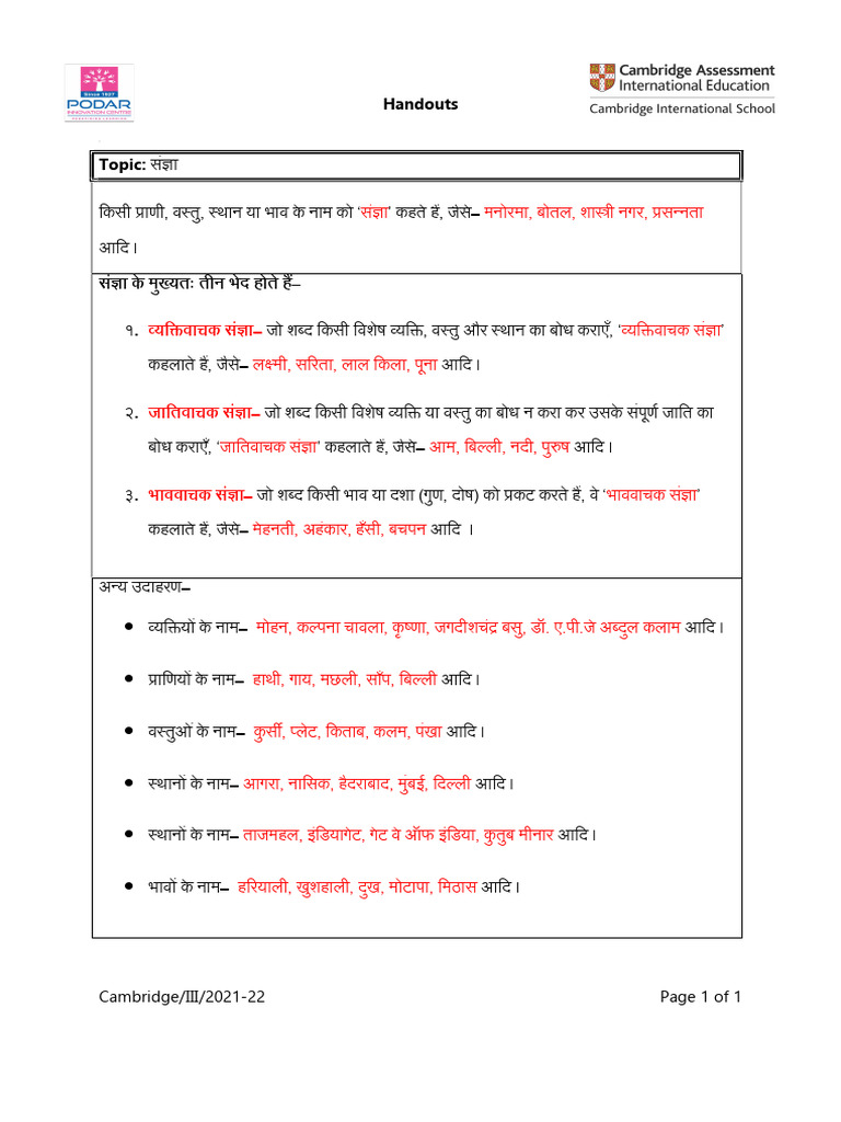 Handouts CAIE III Hindi Sangya | PDF