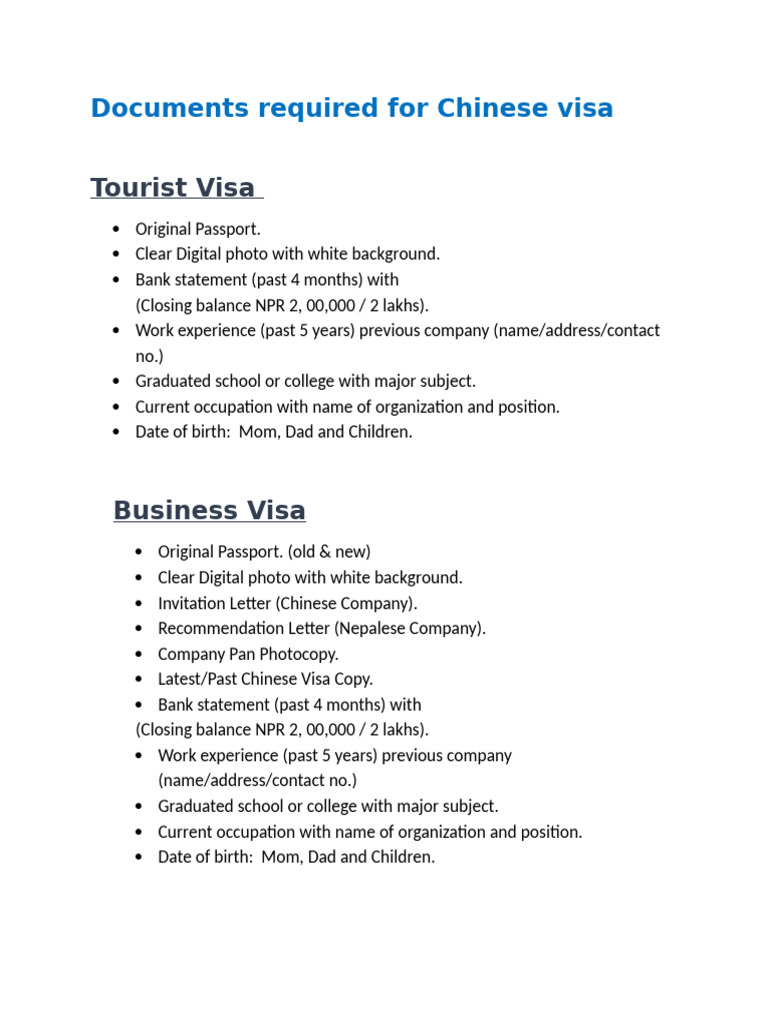 Documents Required For Chinese Visa | PDF
