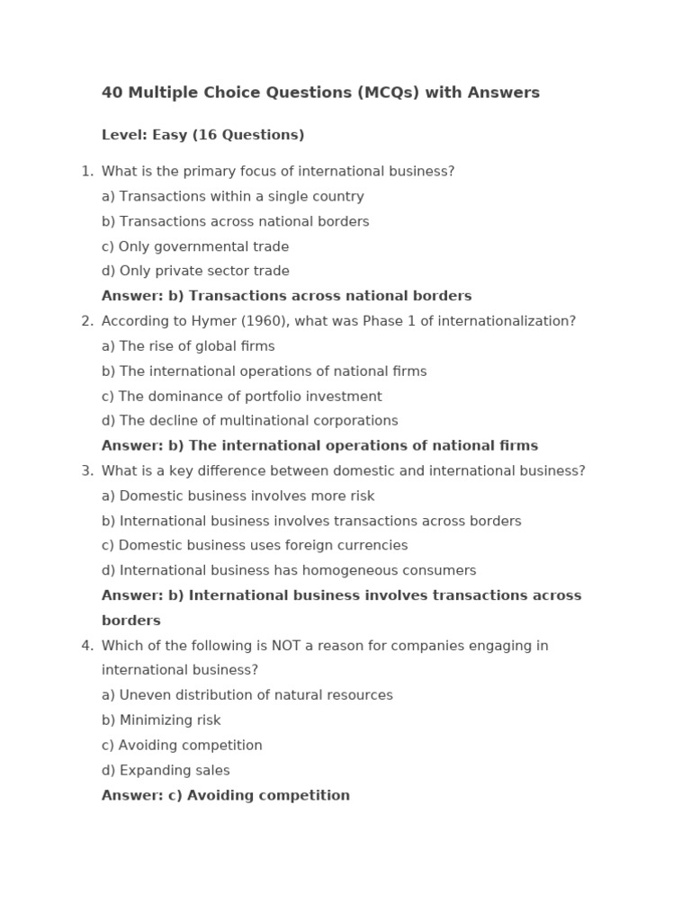 International Business MCQs with Answers | PDF | Foreign Direct ...