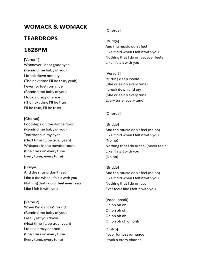 Womack Womack Teardrops Lyrics Pdf