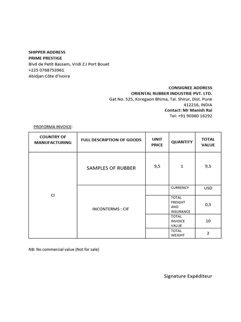 Specimen PRIME PRESTIGE INDE - Commercial Invoice Sample | PDF