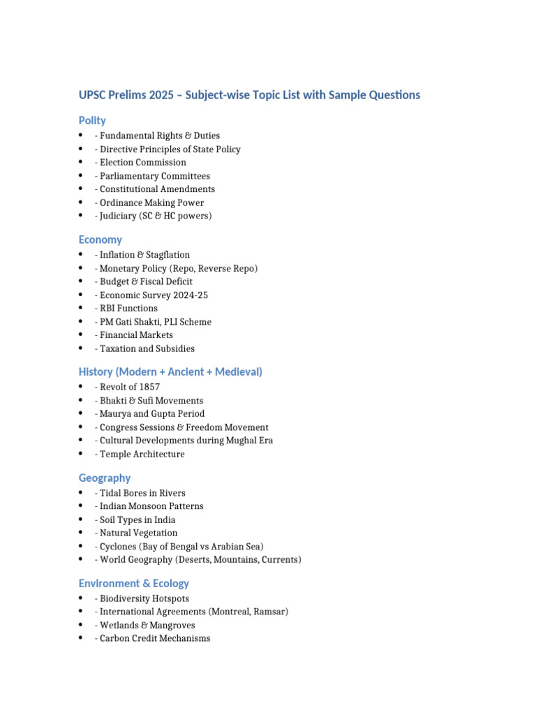 UPSC Prelims 2025 Subject-wise Guide | PDF