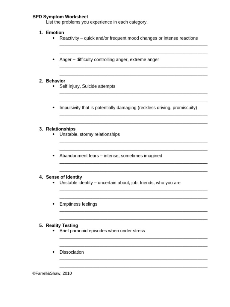 BPD Symptom Worksheet | PDF