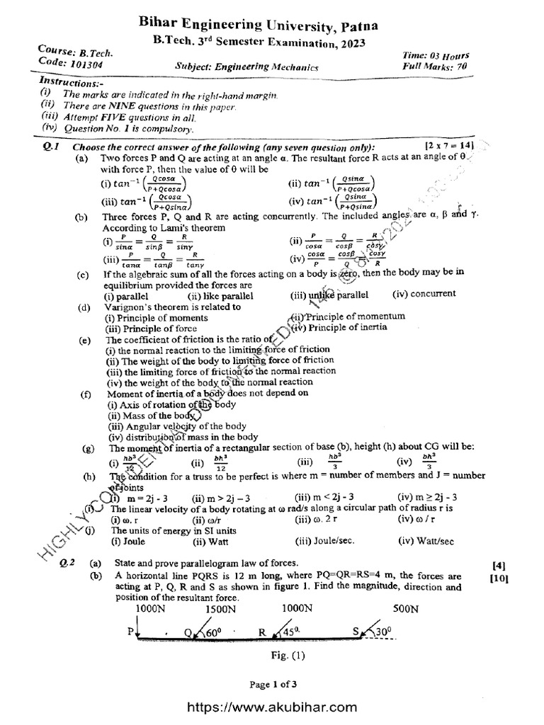 Btech Ce 3 Sem Engineering Mechanics 101304 2023 | PDF