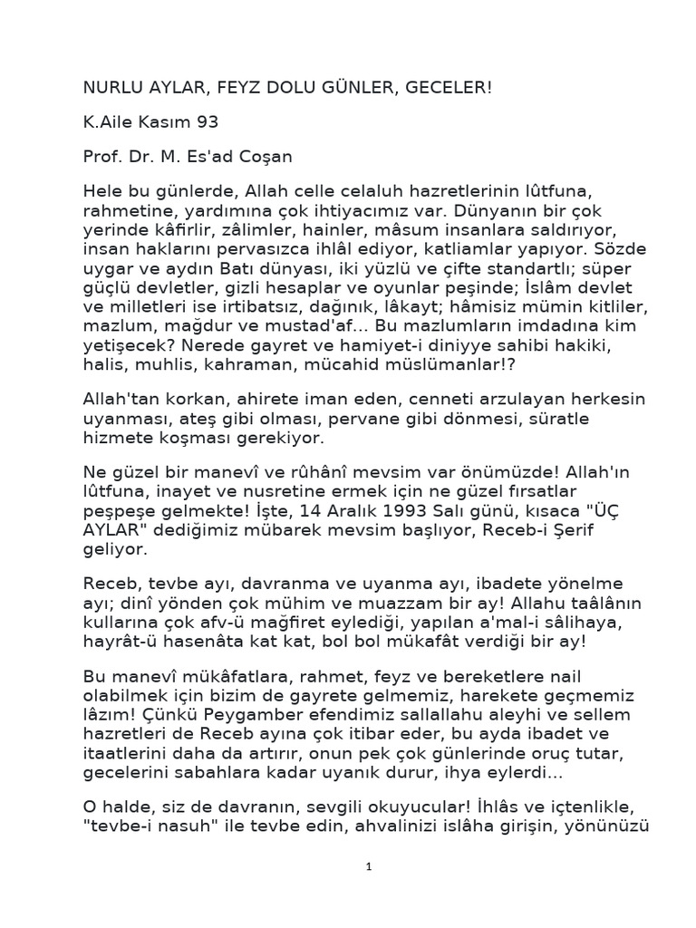 Mahmud Esad Coşan - Nurlu Aylar, Feyz Dolu Günler, Geceler! | PDF