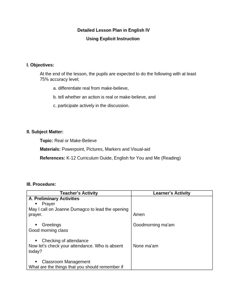 Demonstration Lesson Plan in English IV Using Explicit Instruction ...