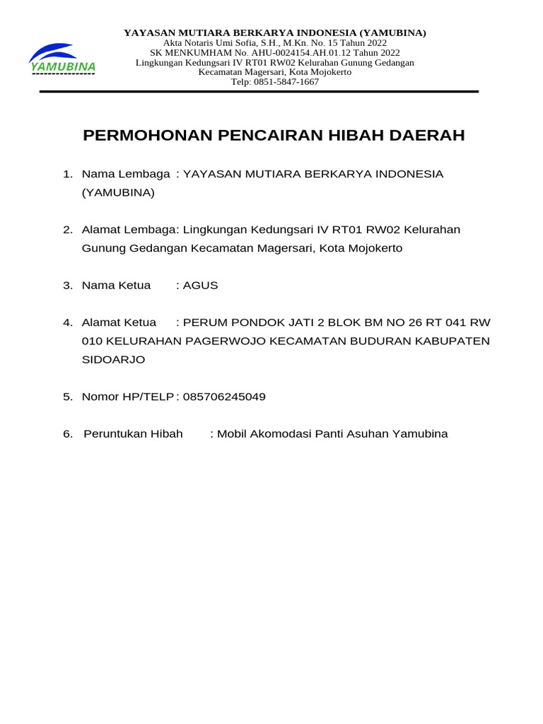 Permohonan Hibah YAMUBINA 2025 Mojokerto | PDF