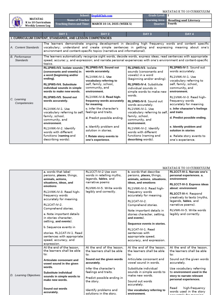 DLL Matatag - Reading & Literacy 1 Q4 - W4 | PDF | Vocabulary | Learning Methods