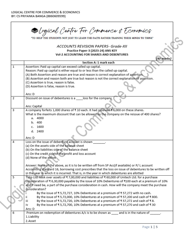 BOOK-2 Practice Paper (2023-24) - Ans Key | PDF | Balance Sheet ...