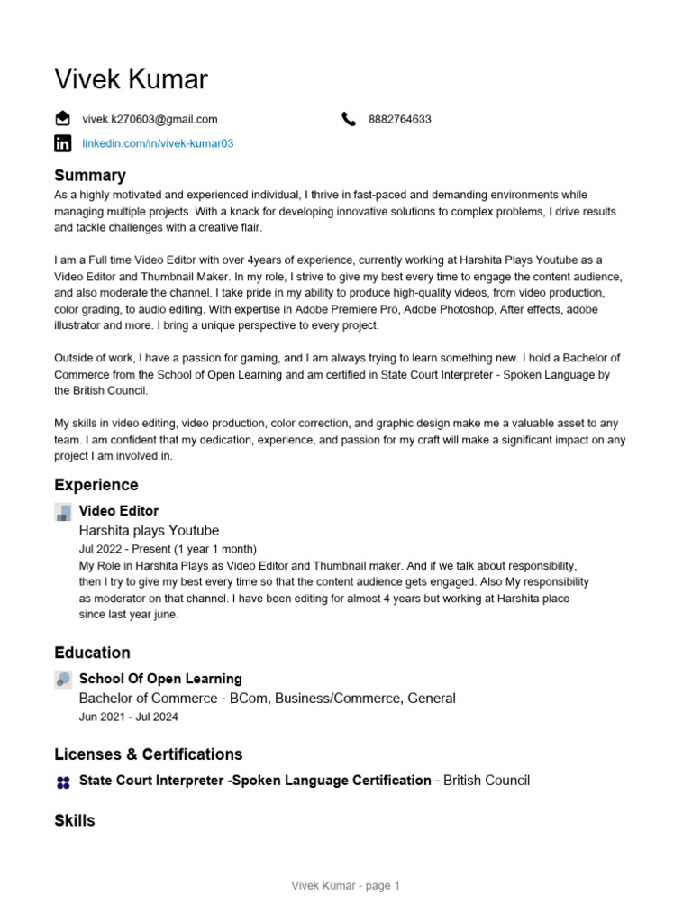 Resume Vivek Kumar | PDF