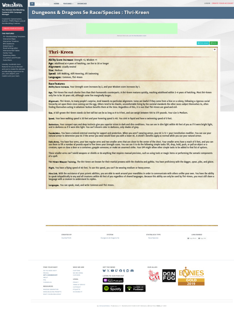 Thri-Kreen - Race - Species - Dungeons & Dragons 5e - Statblocks & Sheets - World Anvil | PDF