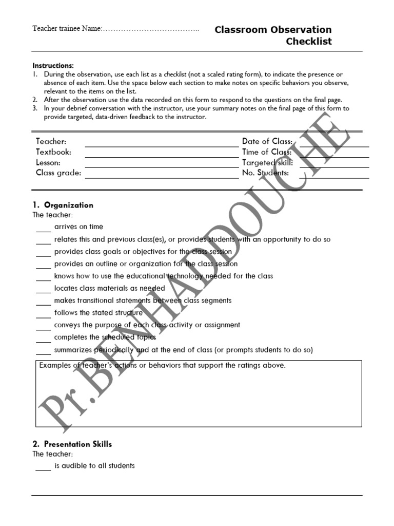Classroom Observation Checklist for Teachers | PDF | Teachers | Learning