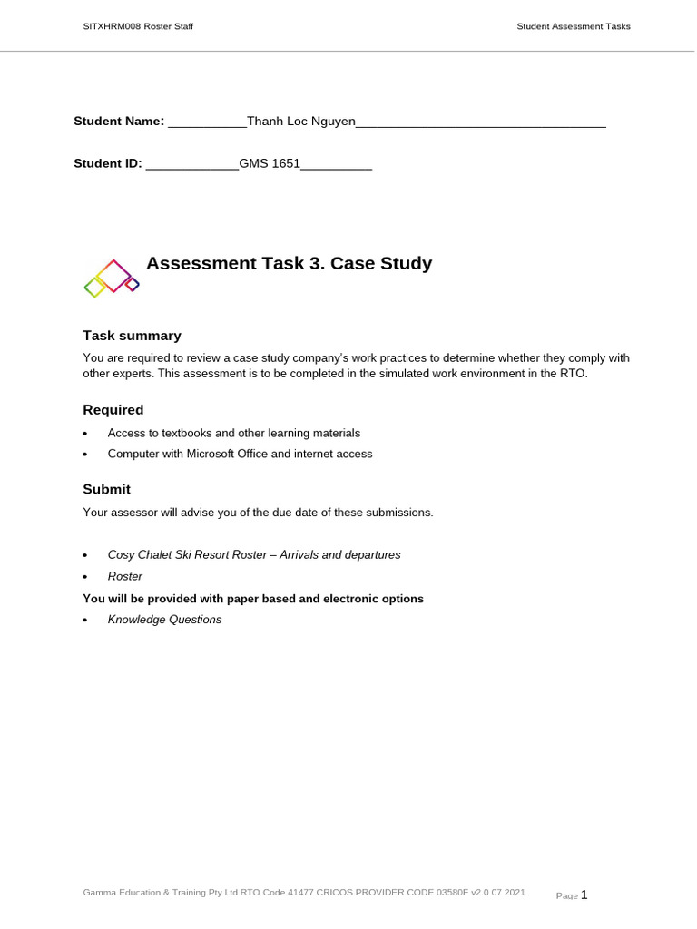 SITXHRM008 Case Study 2 - Cosy Chalet Ski Resort.v1.0 (Done) | PDF