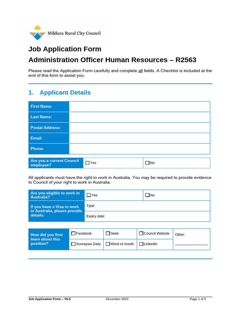 R2563 Application Form Administration Officer Human Resources | PDF ...