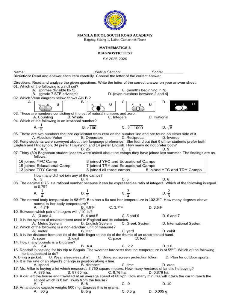 Grade 8 Math Diagnostic Test 2025 | PDF | Arithmetic | Numbers