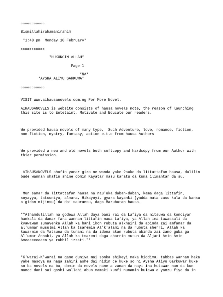 HUKUNCIN ALLAH Part 1 by Aisha Aliyu Garkuwa (WWW - Aihausanovels.com - NG) - 1 | PDF