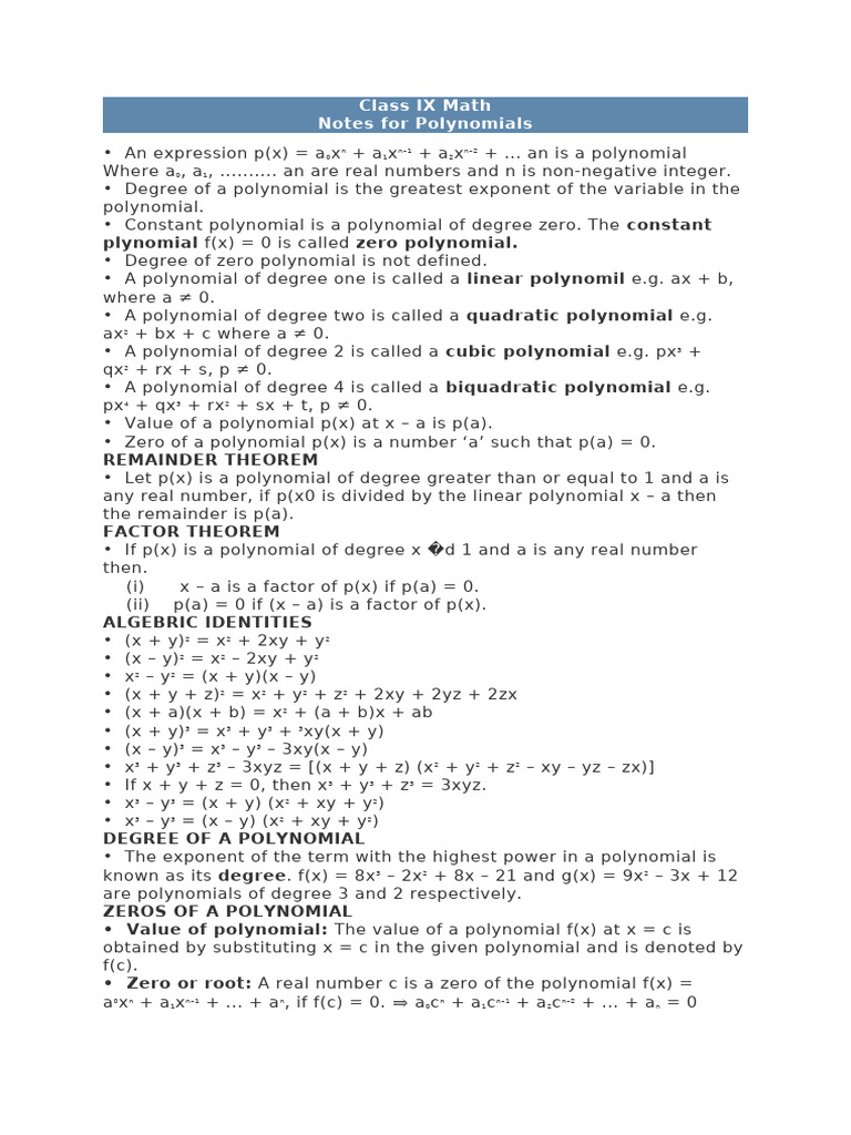 Polinomials - Important Questions For Class 9 | PDF | Polynomial ...