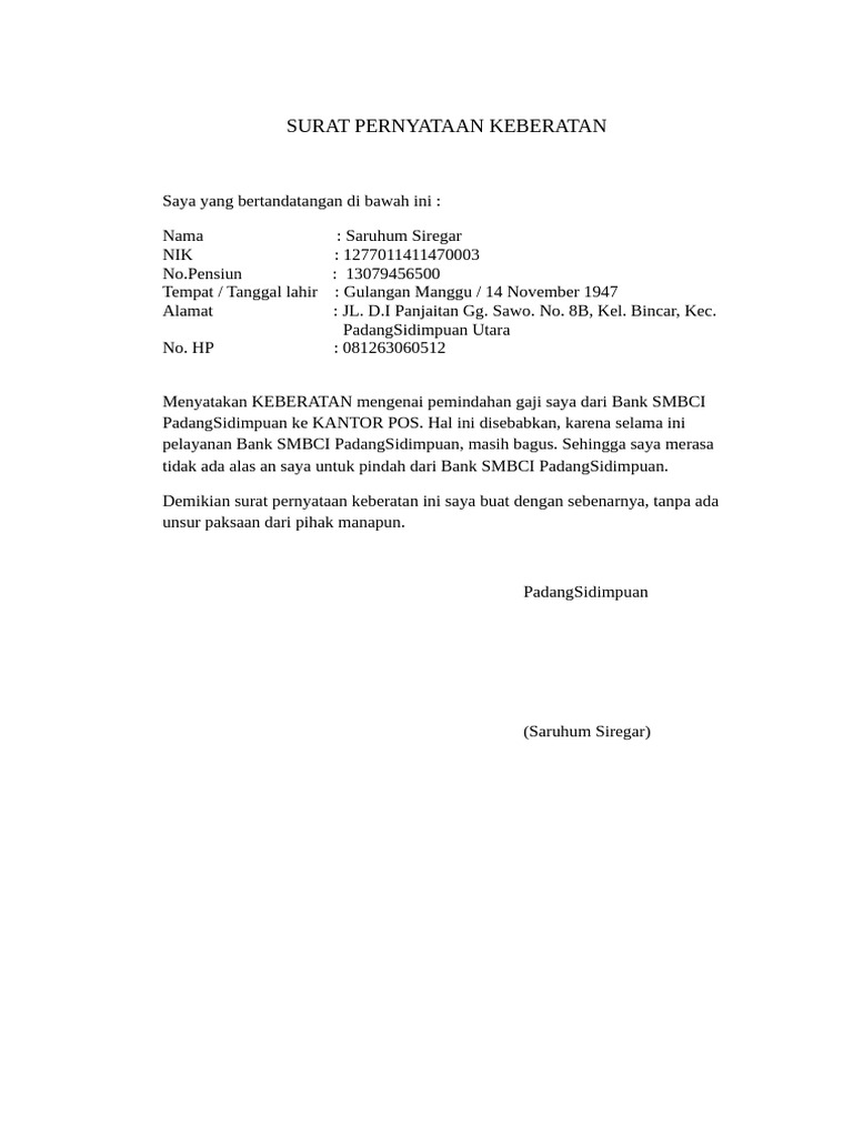 Surat Pernyataan Keberatan | PDF