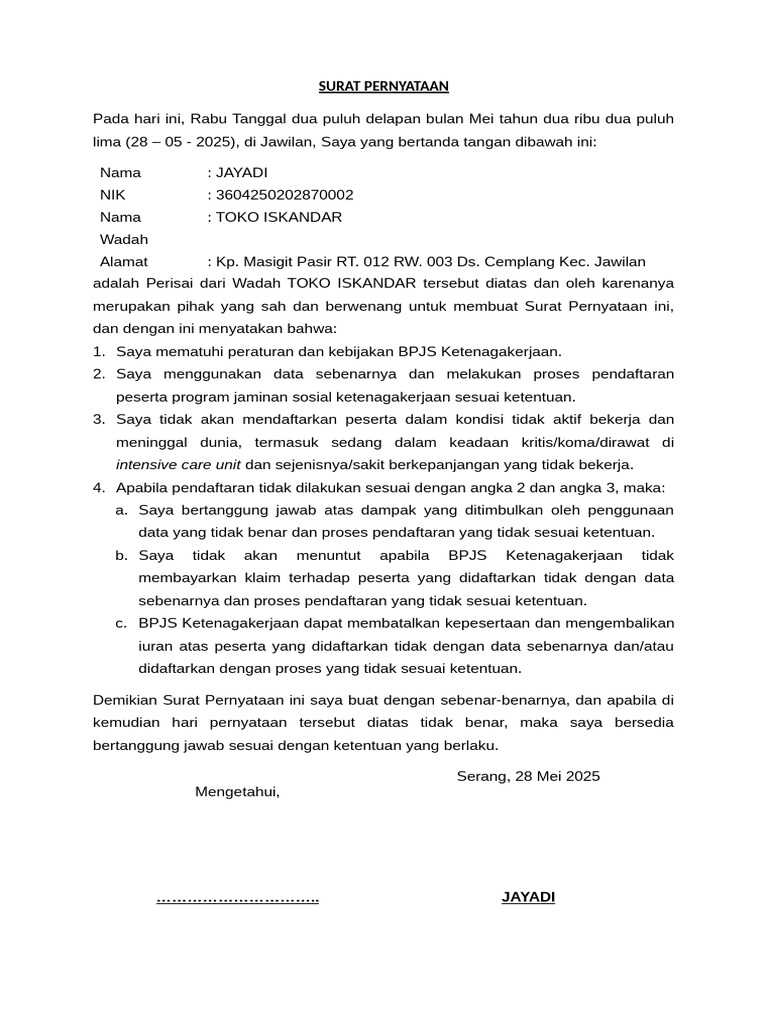 Surat Pernyataan - Perisai | PDF