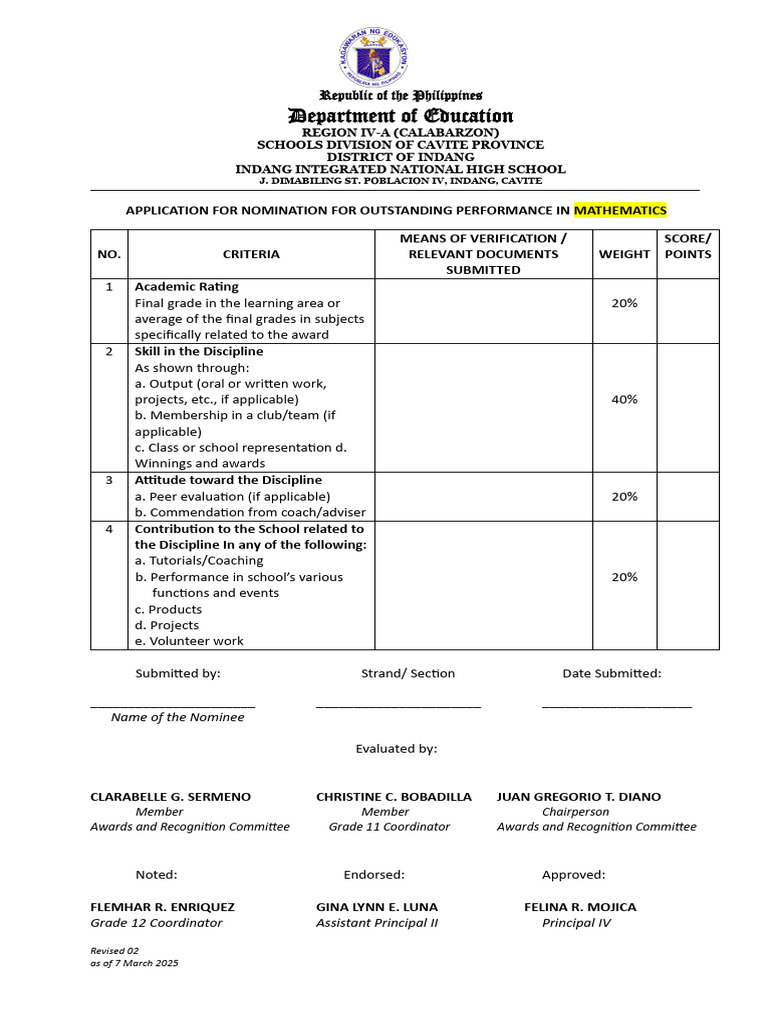 Nomination for Math Excellence Award | PDF