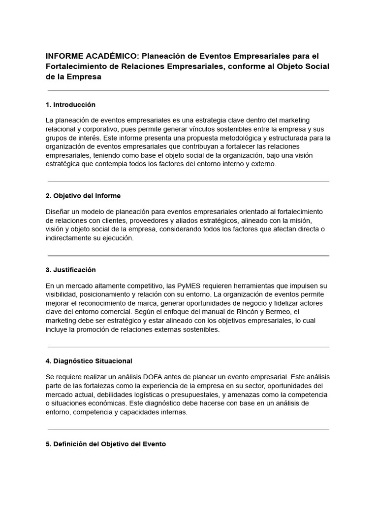 INFORME ACADÉMICO - Planeación de Eventos Empresariales para El Fortalecimiento de Relaciones ...