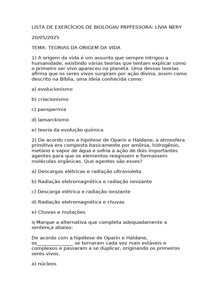 Exercícios Sobre Teorias Da Origem Da Vida | PDF | Abiogênese | Vida